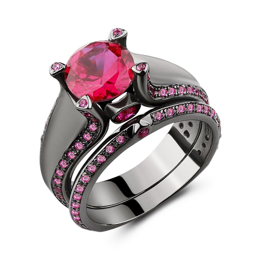 Castillna Black Rhodium Plated 925 Sterling Silver Created Pink Sapphire Engagement Wedding Ring Set