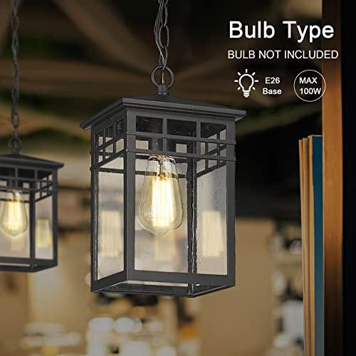 Diyel Outdoor Pendant Light Lanterns for Front Porch, Black Exterior Hanging Light Fixtures with Seeded Glass Shade for Patio, Entryway, Garage, Gazebo, RZ009-H BK