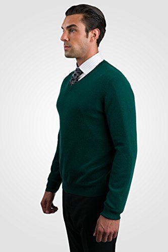 JENNIE LIU Men's 100% Pure Cashmere Long Sleeve Pullover V Neck Sweater (XXL, Green)
