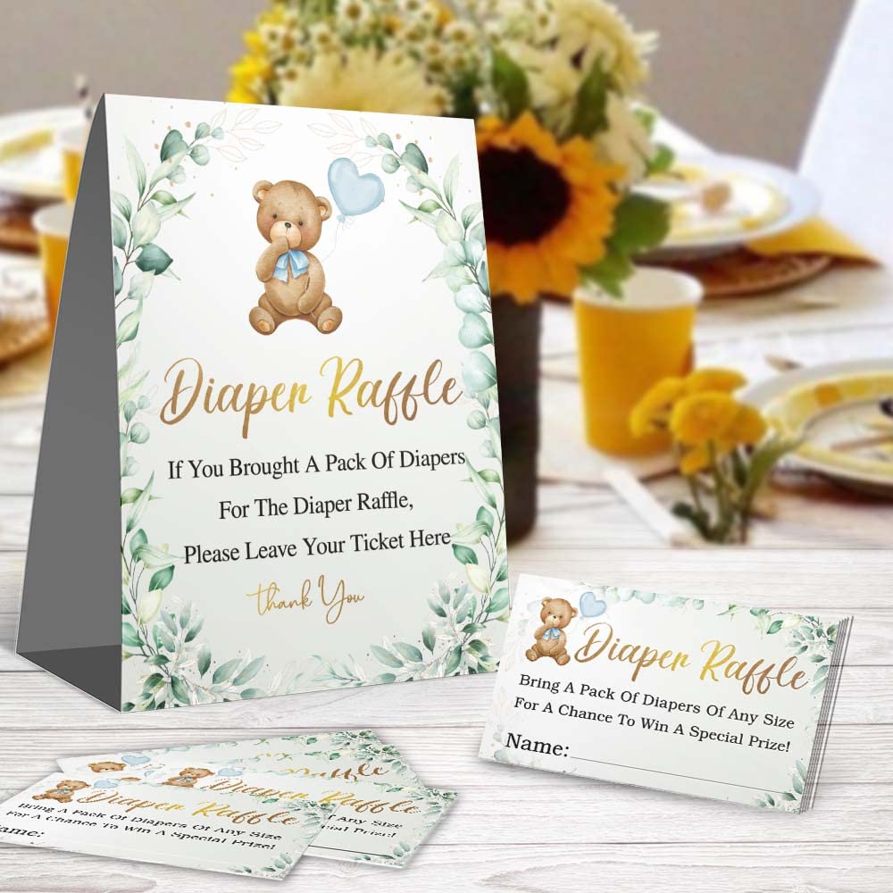 Diaper Raffle Sign,Eucalyptus Diaper Insertion Ticket,Balloon Bear Diaper Raffle Theme Baby Shower Game Kit (1 Sign & 50 Cards),Baby Shower Decoration