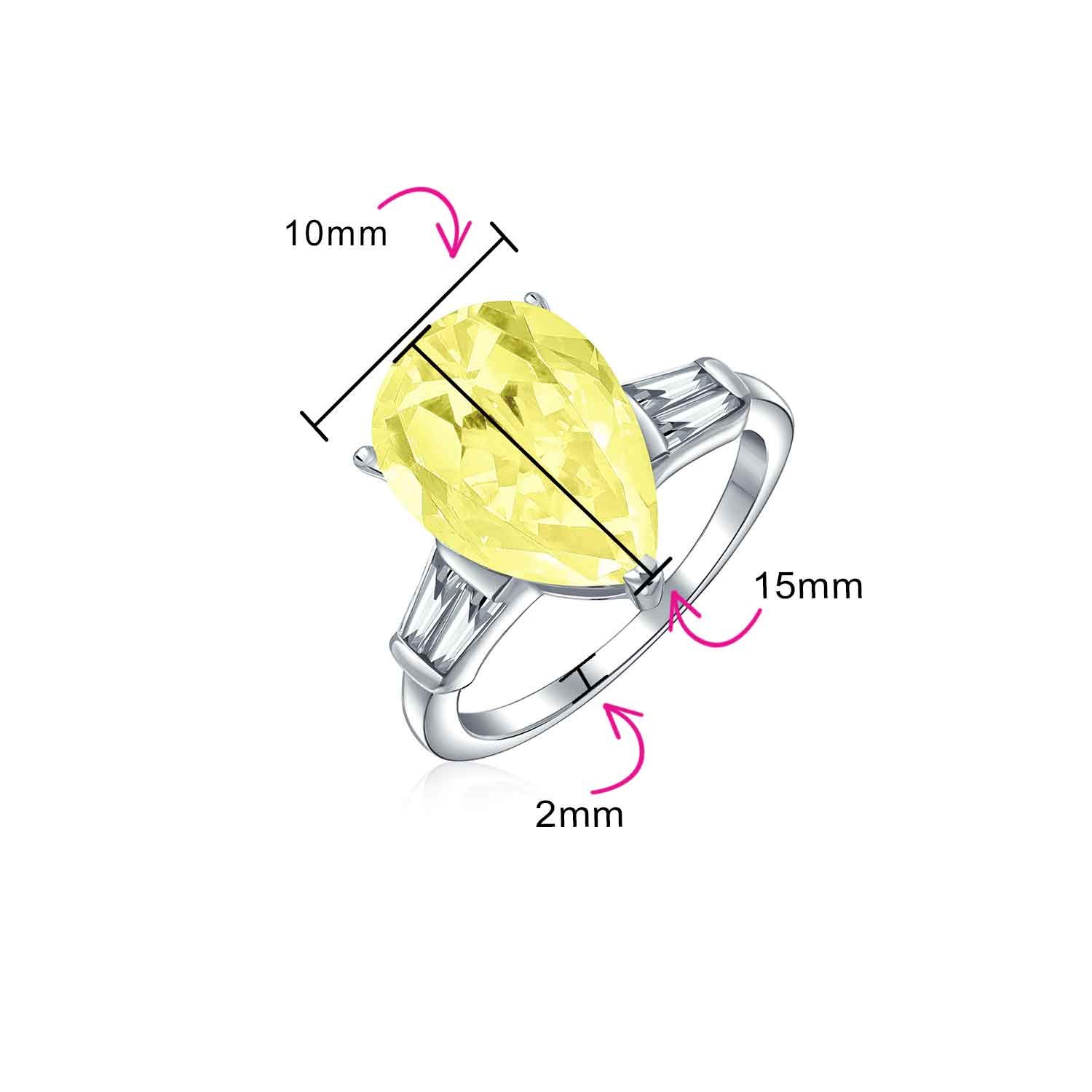 Bridal Wedding 7CT Canary Yellow AAA CZ Pear Shaped Brilliant Cut Solitaire Teardrop Statement Engagement Ring For Women Thin Band .925 Sterling Silver Cubic Zirconia Baguette Side Stones