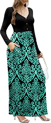 GRECERELLE Women's Long Sleeve Casual V Neck Plain Floral Print Maxi Dresses with Pockets Long Dress
