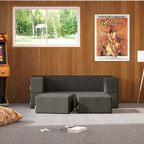 Jaxx Zipline Convertible Sleeper Loveseat & Ottomans, Textured Microvelvet - Charcoal