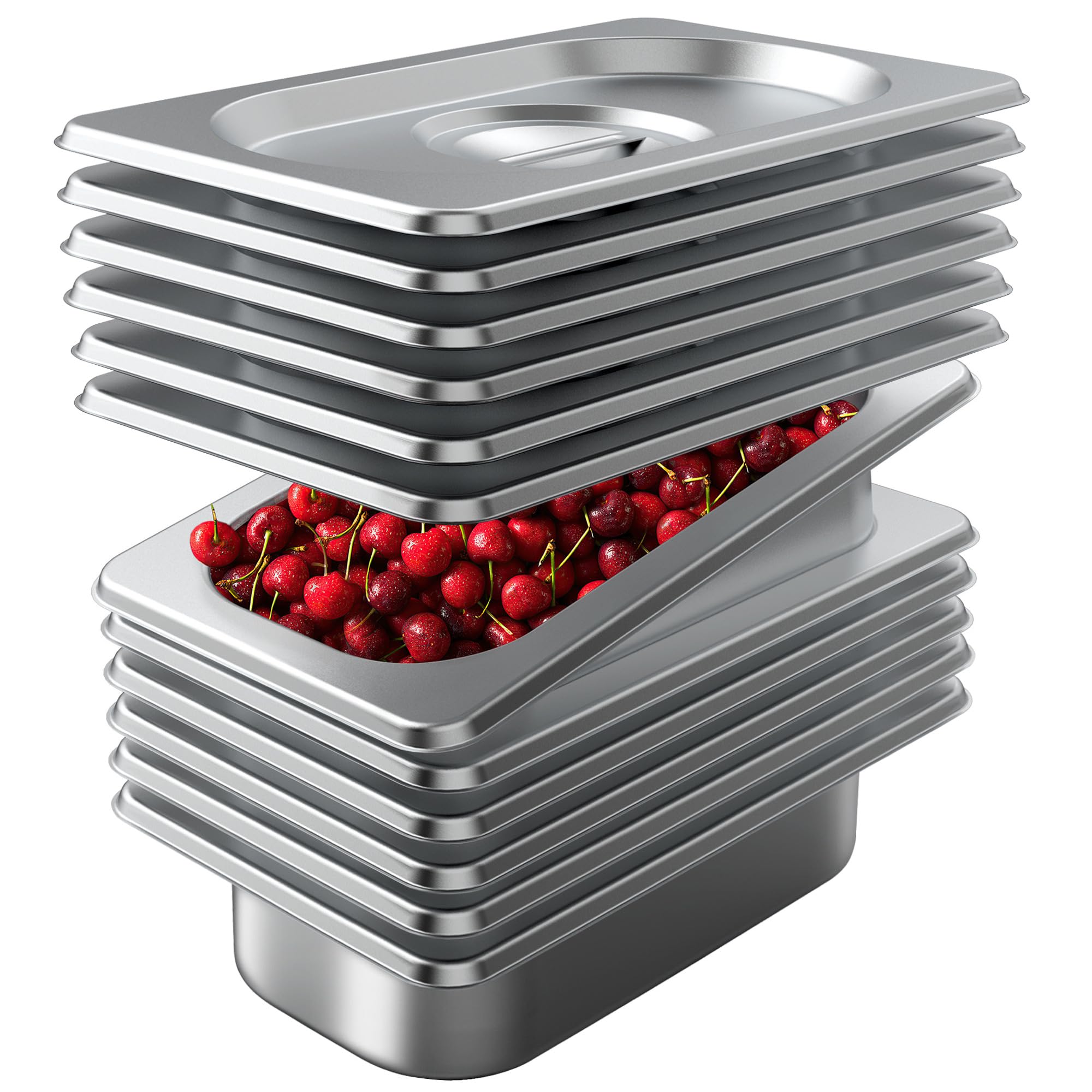 HNEDSEN 6 Pack Stainless Steel Hotel Pan with Lids 1/4 Size 4 Ince Deep Steam Table Metal Food Pan Steamer Trays for Buffet Catering Pans Metal Commercial Kitchen Pans
