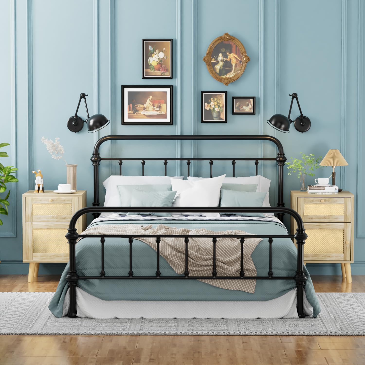 Breezestival Rattan-Like Nightstand with Storage, Boho Side Table with Rattan Material Decorated Drawer, Cabinet Door for Living Room, Bedroom