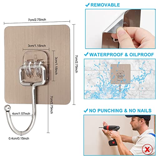 Large Adhesive Hooks 22LB(MAX),Waterproof and Rustproof Wall Hooks for Hanging Heavy Duty,Stainless Steel Towel Door and Coat Hooks for Kitchen, Bathroom, (10, 2.76*2.76 inch)