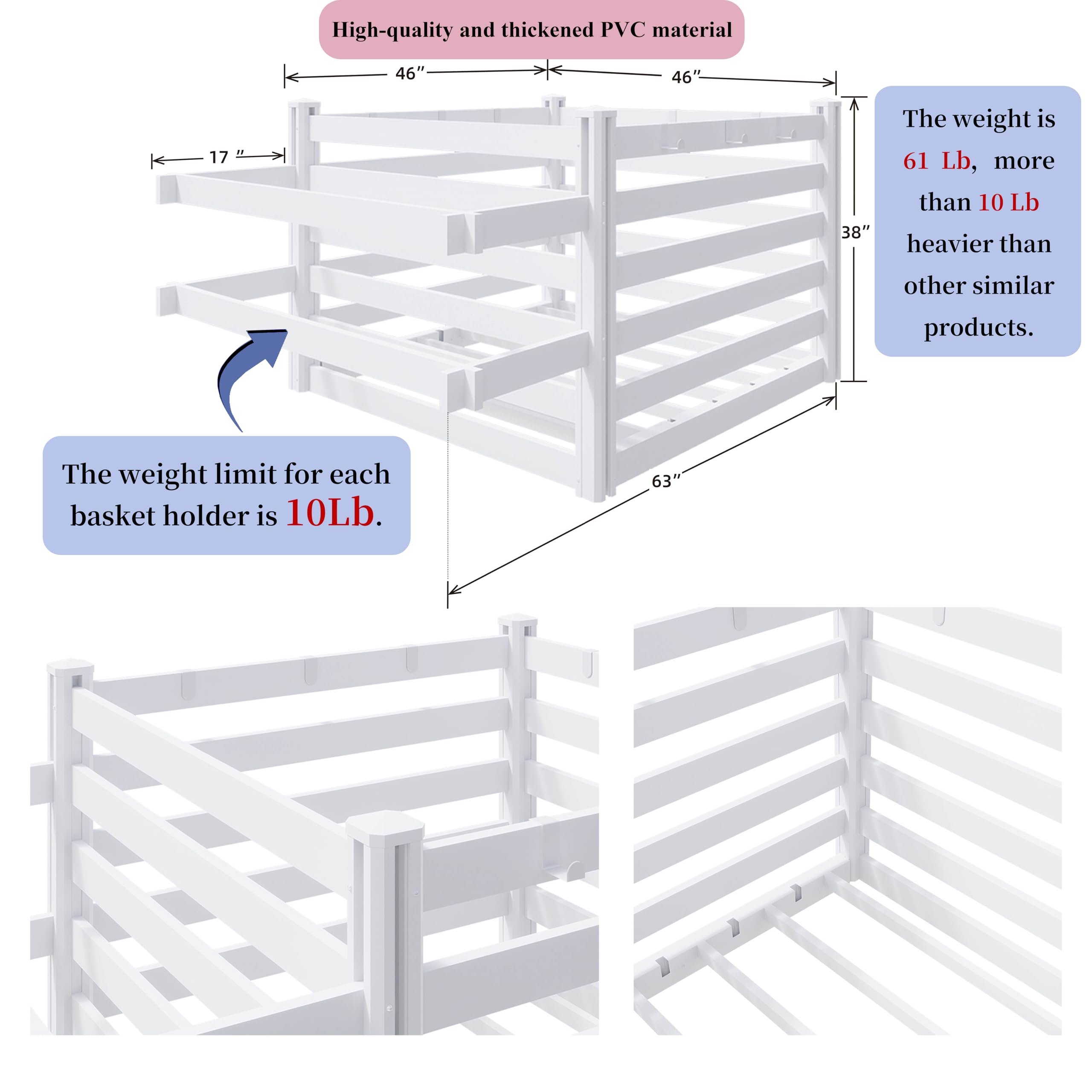 FENCETECH 63" L x 46" W x 38" H Vinyl Poolside Deckbox Storage Organizer, Pool Storage Equipment Organizer Holder (No Baskets)