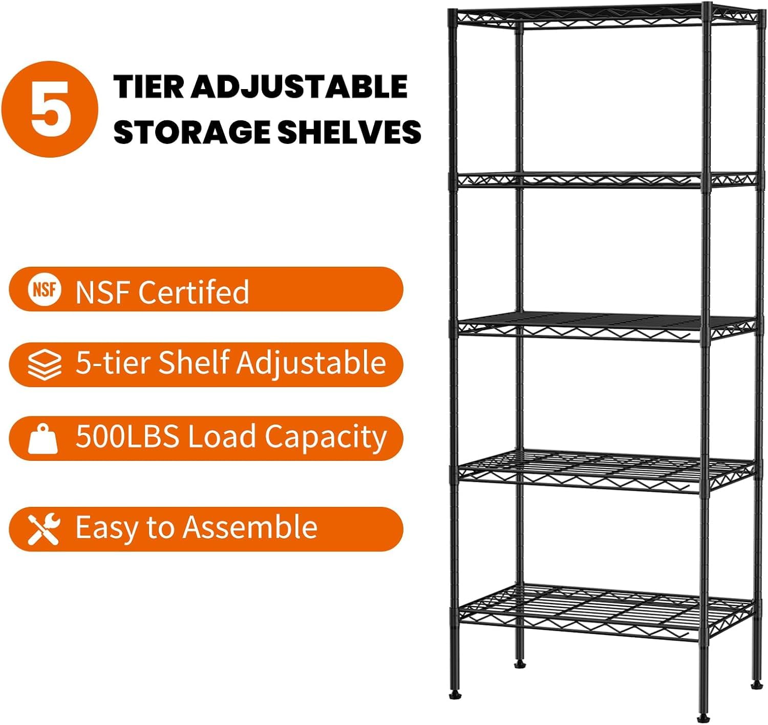 FLL Wire Shelving Unit 5-Tier NSF-Certified Heavy Duty Commercial Grade Metal Storage Shelves, 14" D x 24" L x 60" H Adjustable Wire Rack Shelving for Bathroom Kitchen Pantry Closet (Black)