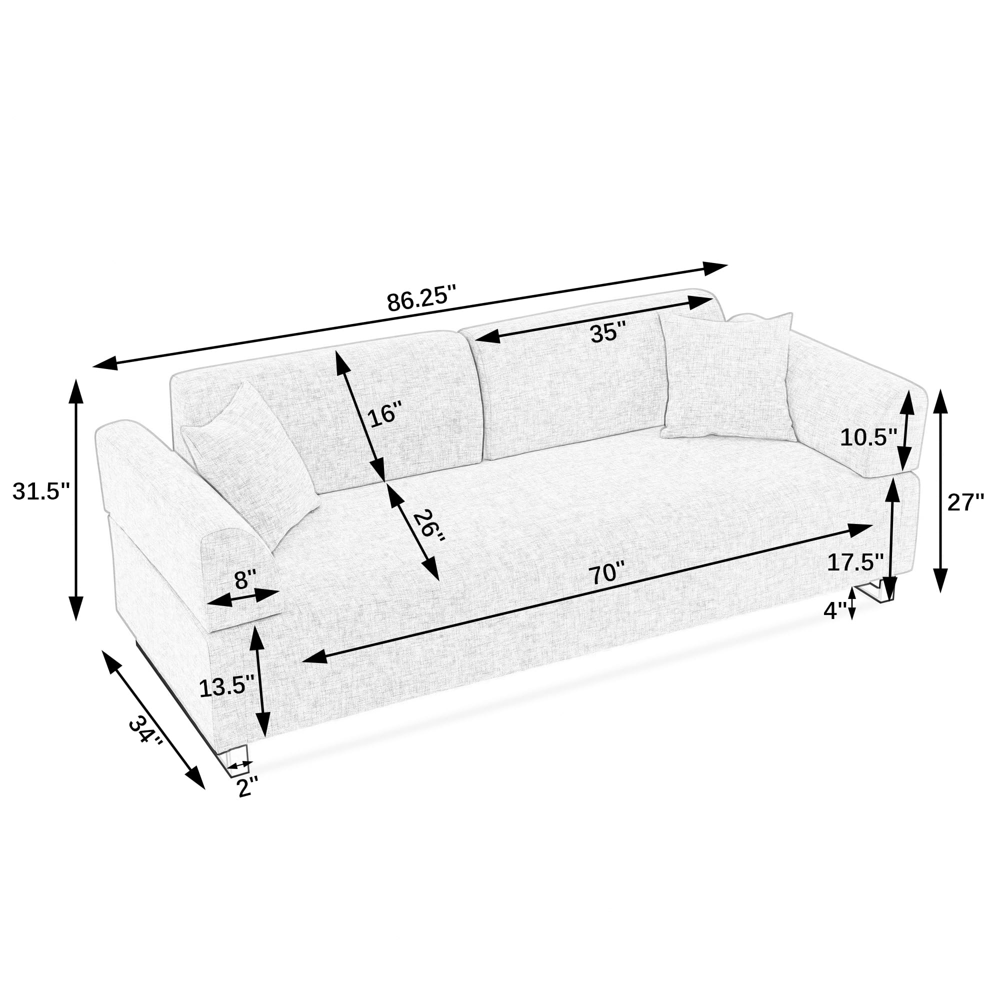 ERYE Morden Upholstered 3-Seat Couch Linen Upholstered 3 Seat Sofa Couch with Two End Tables and 2 Pillows, Free Transformation Removable Back and Armrests for Living Room