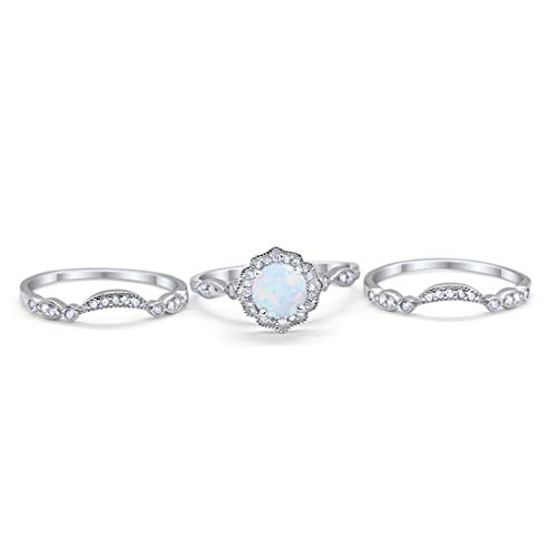 Blue Apple Co. Hao Three Piece Wedding Engagement Bridal Set Art Deco Ring Band Solid Lab White Opal 925 Sterling Silver, Size-6