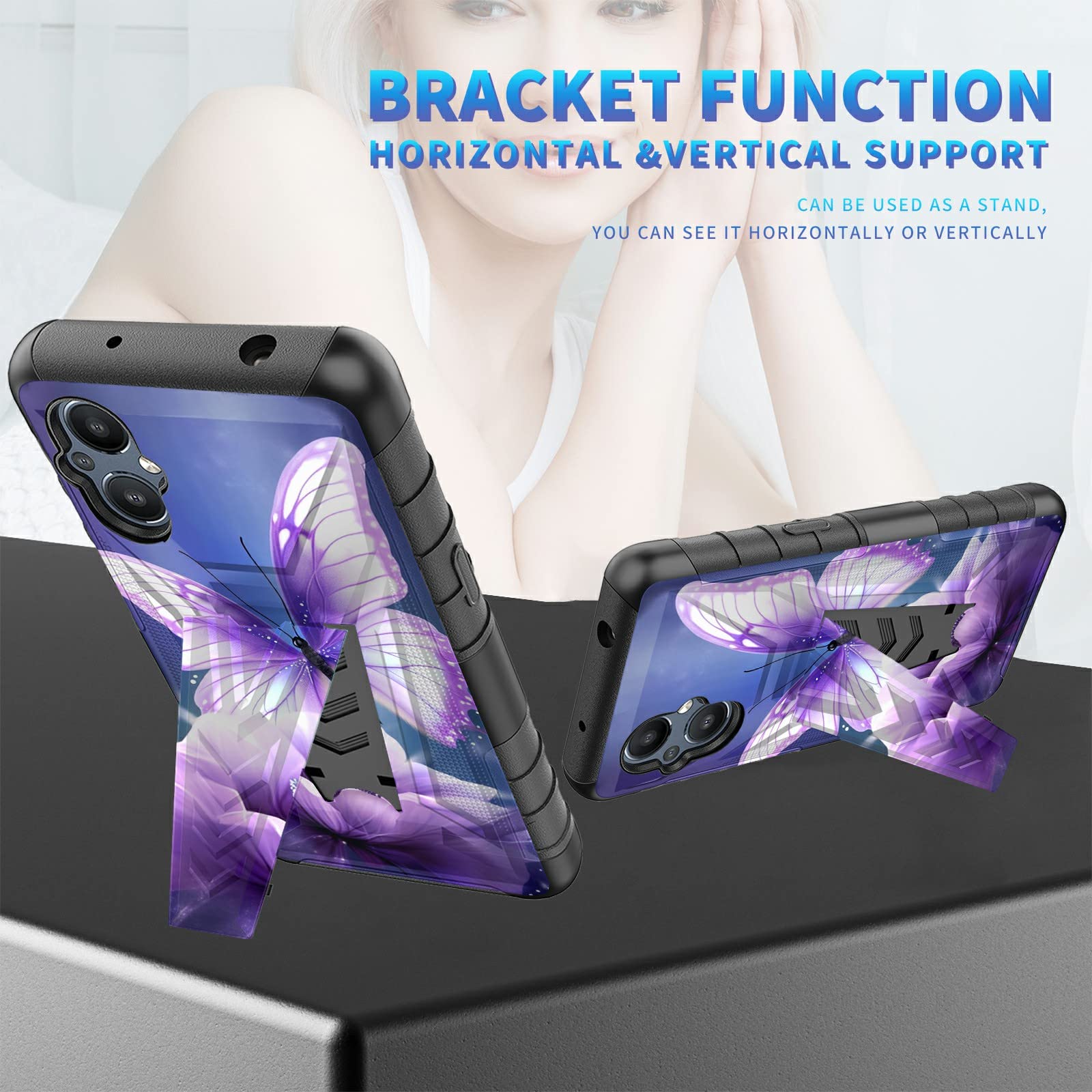 BREIDMKFM Case for OnePlus Nord N20 5G, with Tempered Glass Screen Protector Heavy Duty Built-in Kickstand Shockproof Phone Case for OnePlus Nord N20 5G 2022, Purple Butterfly Flower