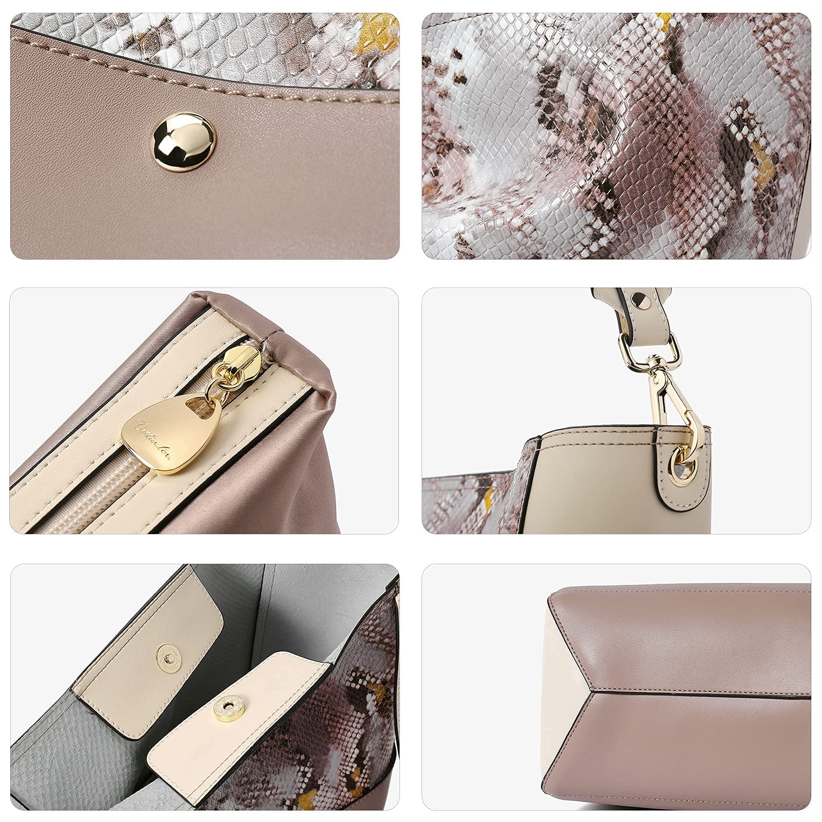BOSTANTEN Women's Leather Designer Handbags Tote Purses Bundled with RFID Blocking Small Bifold Zipper Pocket Wallet Card Case Purse with ID Window Serpentine-Pink