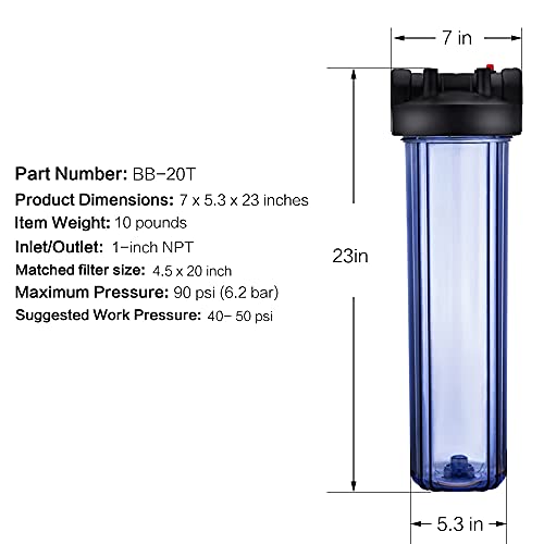 Geekpure 20 Inch Clear Whole House Water Filter Housing with Wrench Bracket -4.5" x 20" - 1" NPT Brass Port (4)