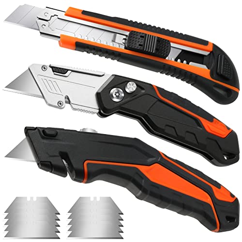DIYSELF 3 Pack Box Cutter, Heavy Duty Utility Knife for Cardboard, Box Cutters Razor Knife for Construction, Work, Box Opener Cardboard Cutter for Warehouse, Office, Shop, Box Knife Exacto Knife