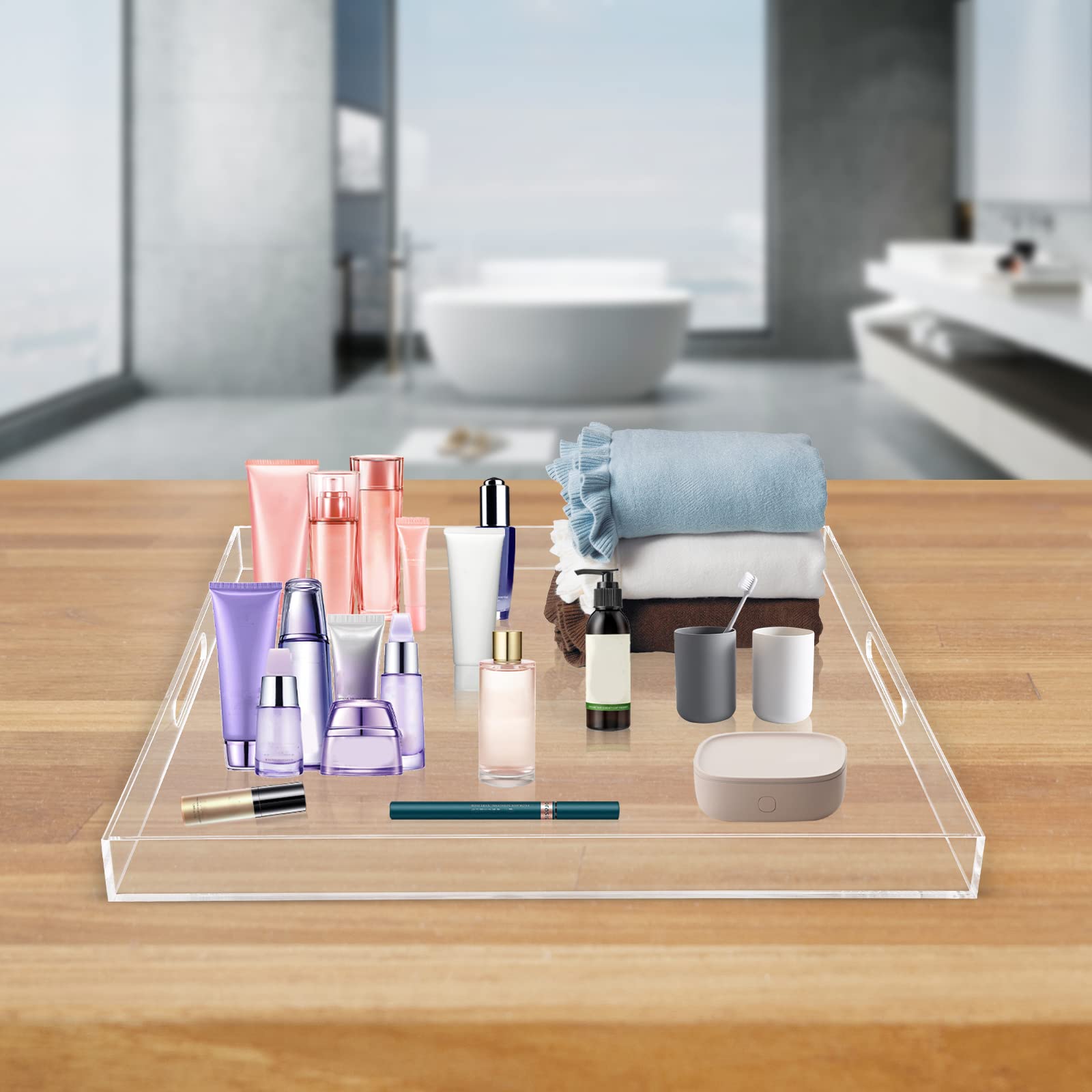 Clear Extra Large Acrylic Serving Tray, Oversize 24x24 Inch -Spill Proof- Decorative Trays Countertop Organiser, Acrylic Tray for Ottoman,Nightstand, Sidetable