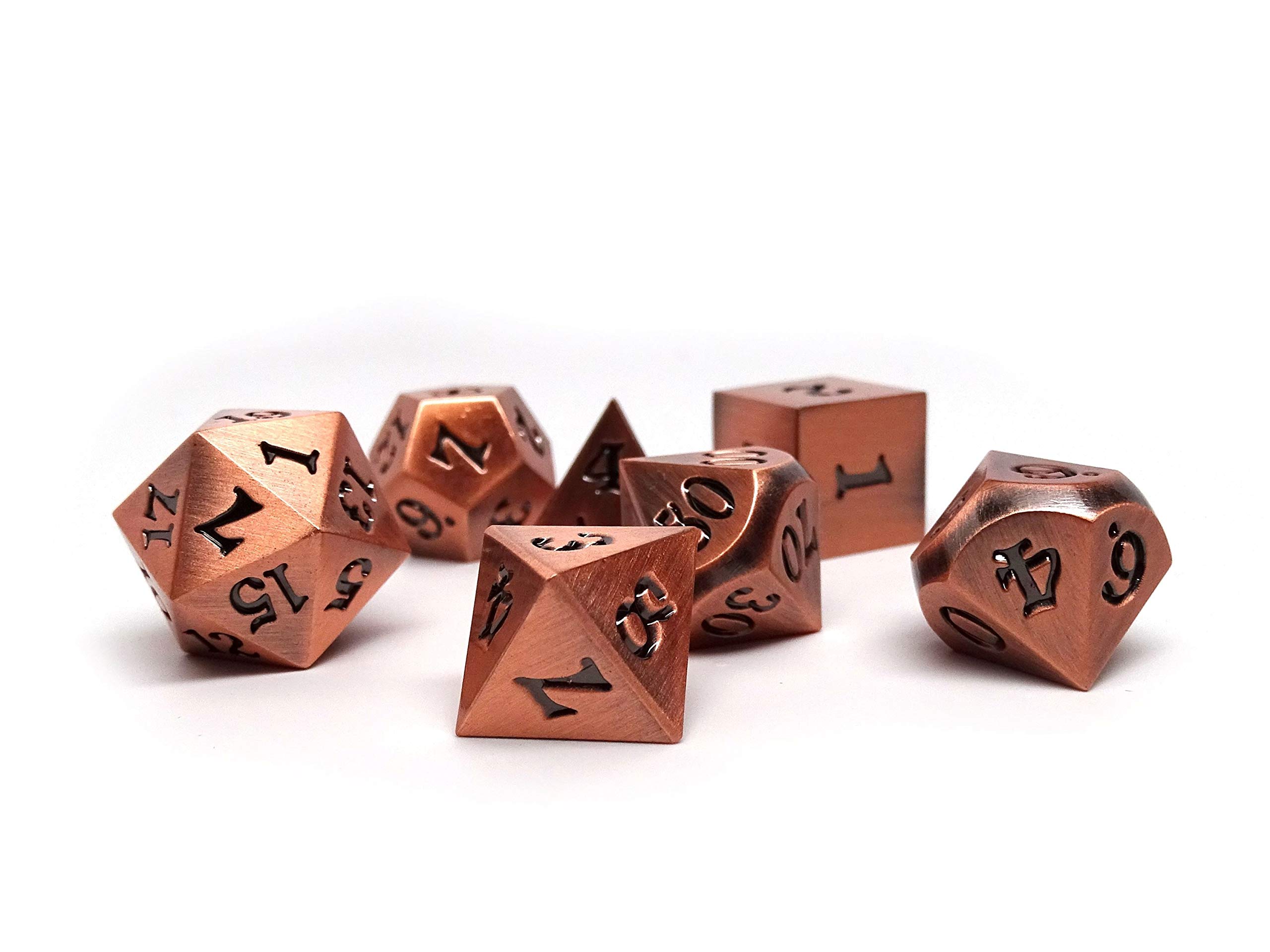 Legendary Copper Metal Polyhedral Dice Set with Black Signature Font - 7 Piece Collection