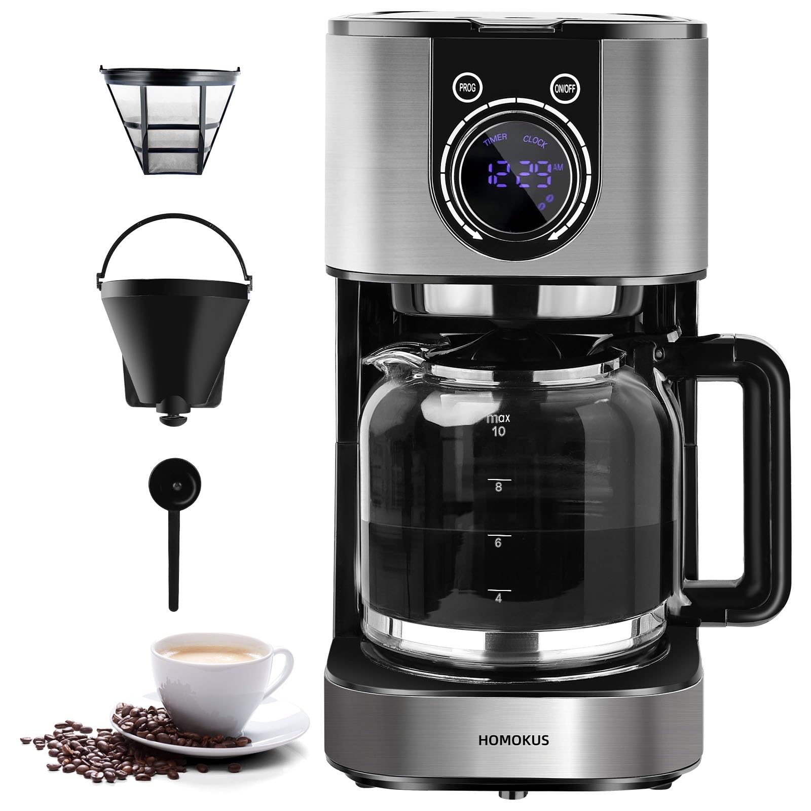 Homtone 10 Cup Programmable Coffee Maker, Drip Coffee Maker with LCD Screen, Glass Carafe, Warming Plate, Auto Shut Off, Regular & Strong Brew for Home and Office, Stainless Steel