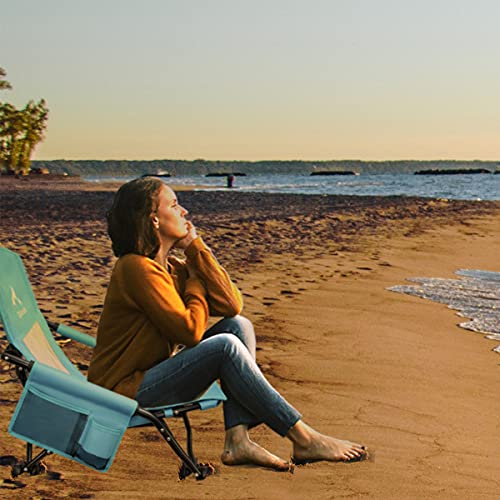 Oileus Low Beach Chair for Beach Tent & Shelter & Camping | Outdoor Ultralight Backpacking Folding Recliner Chairs with Cup Holder and Storage Bag, Carry Bag, Breeze Mesh Back, Compact Duty Blue 1 Pcs