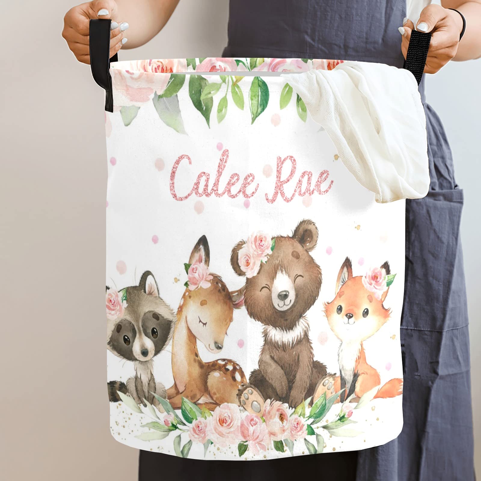 Cute Woodland Animals Blush Pink Floral Personalized Laundry Basket ,Custom Foldable Storage Bins Laundry Hamper for Nursery Pet Toys Clothes