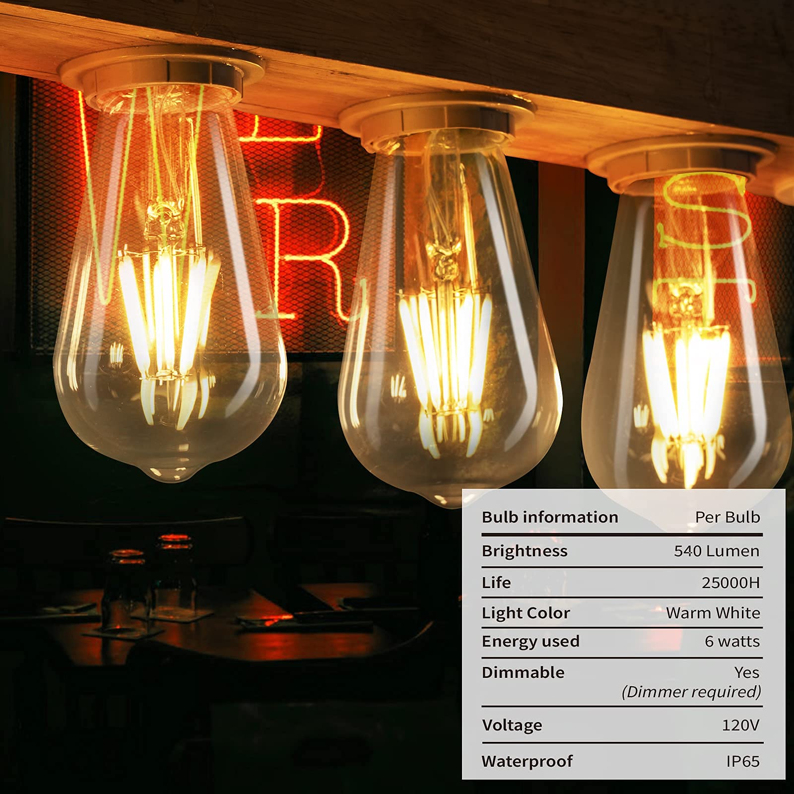 Brightown Edison Bulb, 6 Packs 540 Lumen 6W LED Bulbs 60 Watt Equivalent, Dimmable E26 Vingtage LED Light Bulbs, 2700K Warm White Clear Bulbs