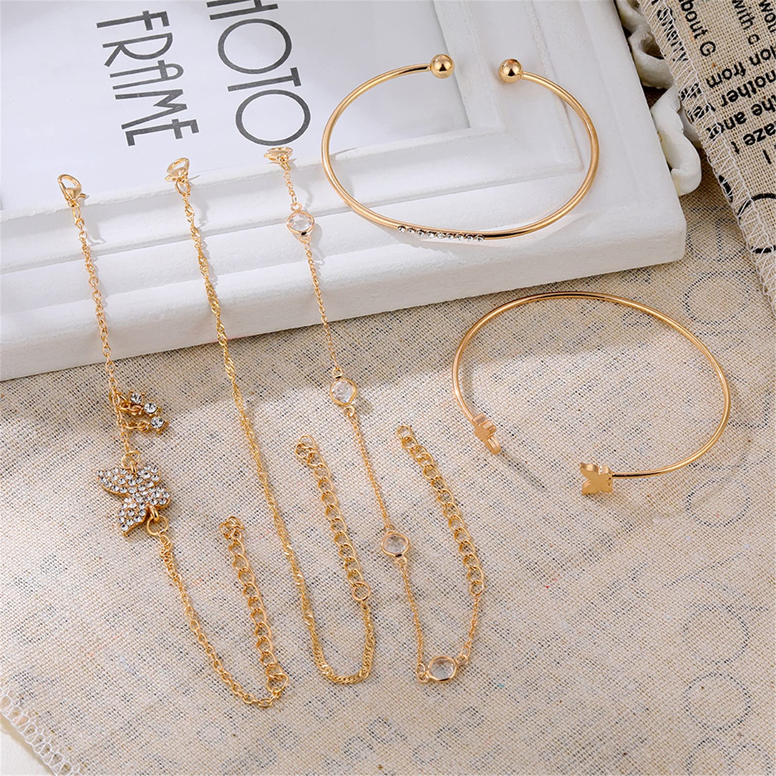 Caiyao Layered Stacking Link Chain Butterfly Bracelet Bangle Set Bohemian Paperclip Rhinestone Bead for Women 14K Gold Plated Animal Jewelry-D butterfly-2