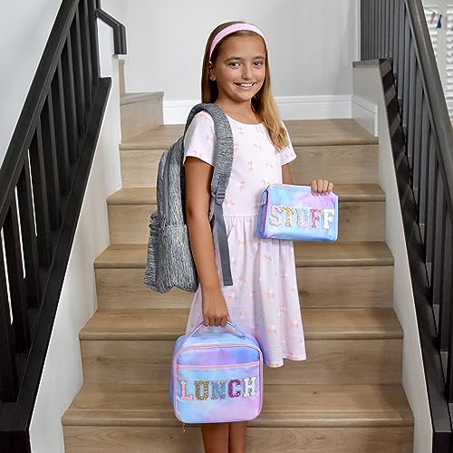 FROG SAC Kids Lunch Bag for Girls, Reusable Insulated Preppy Tie Dye Glitter Varsity Letter Patch Lunch Box, Cute Soft Back to School Tween Lunchbox