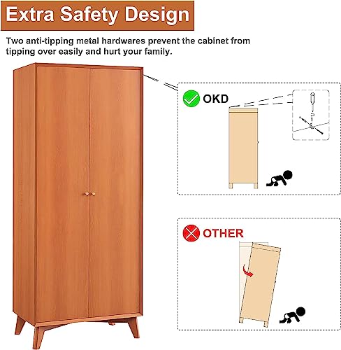 OKD Storage Cabinet w/Adjustable Shelves, 72" Tall Mid Century Modern Kitchen Pantry with Door, 20" Deep Armoire Closet w/Hanging Rod Versatile Storage for Bathroom, Laundry, or Living Room, Cherry