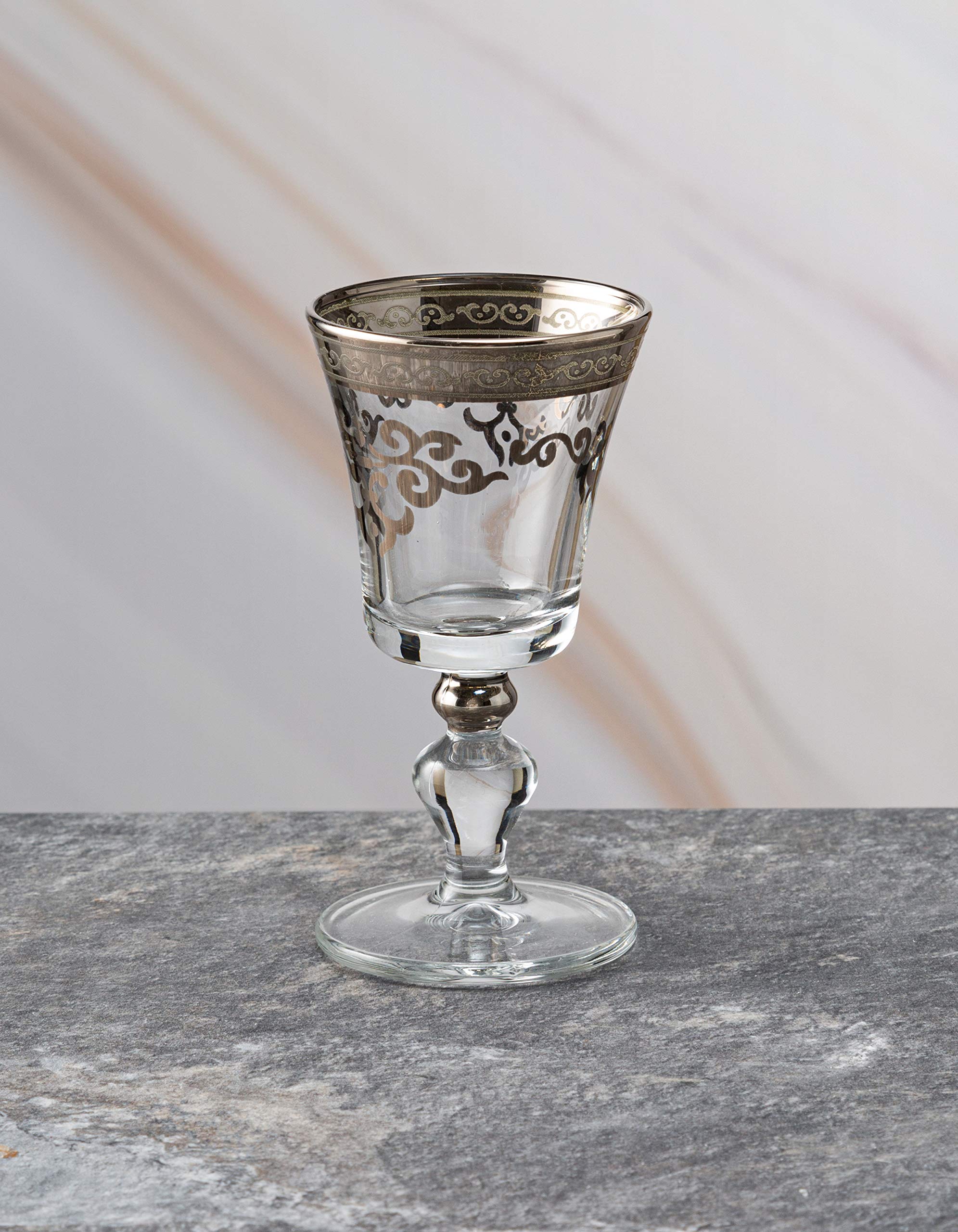 Clear Liquor Glasses with Stem and Silver Design-Set of 6-Fills 2 ounces-Measures: 4"H x 2"D