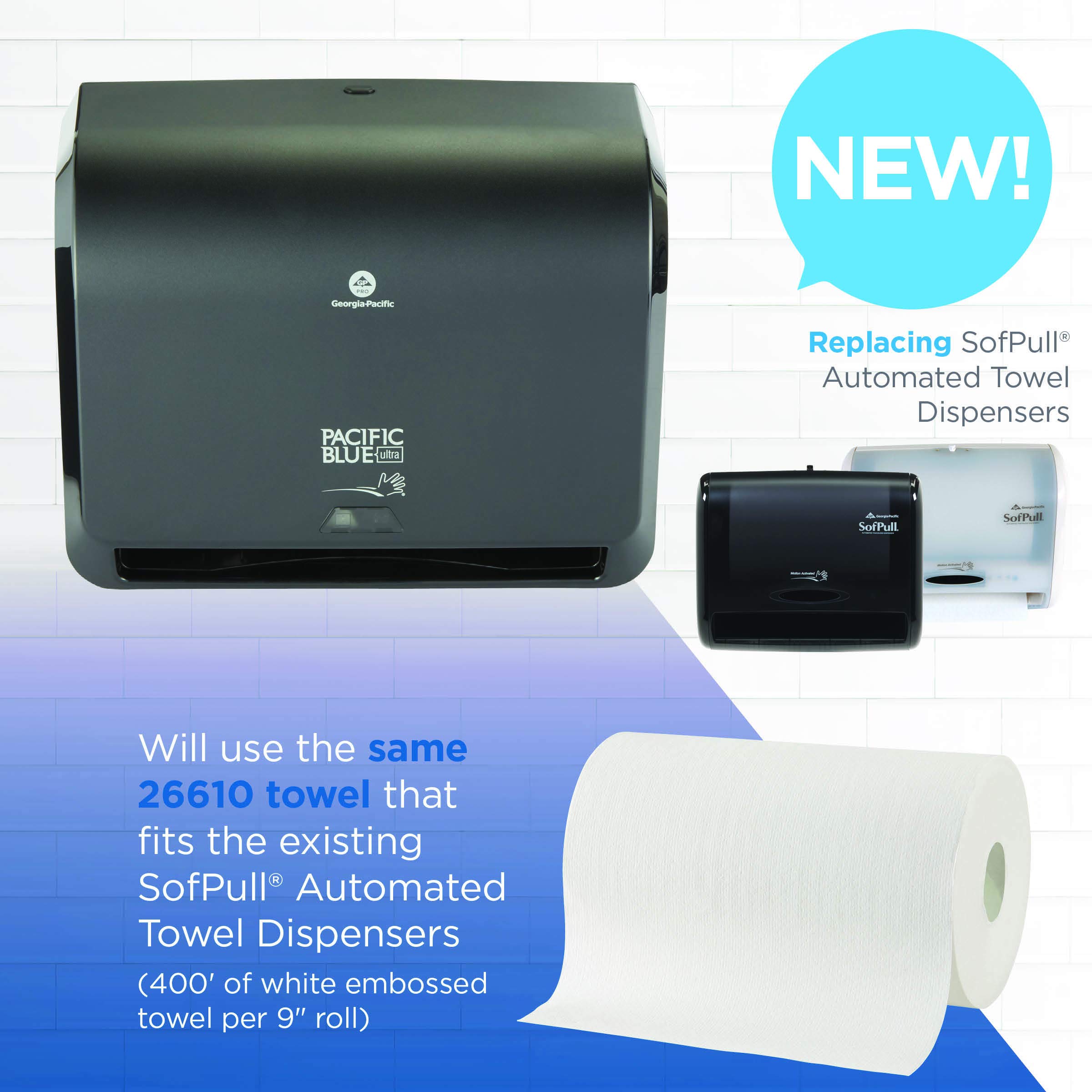 Pacific Blue Ultra 9" Mini Automatic Paper Towel Dispenser by GP PRO (Georgia-Pacific), Black, 54518, 14.1" W x 6.5" D x 11.1" H - New Version