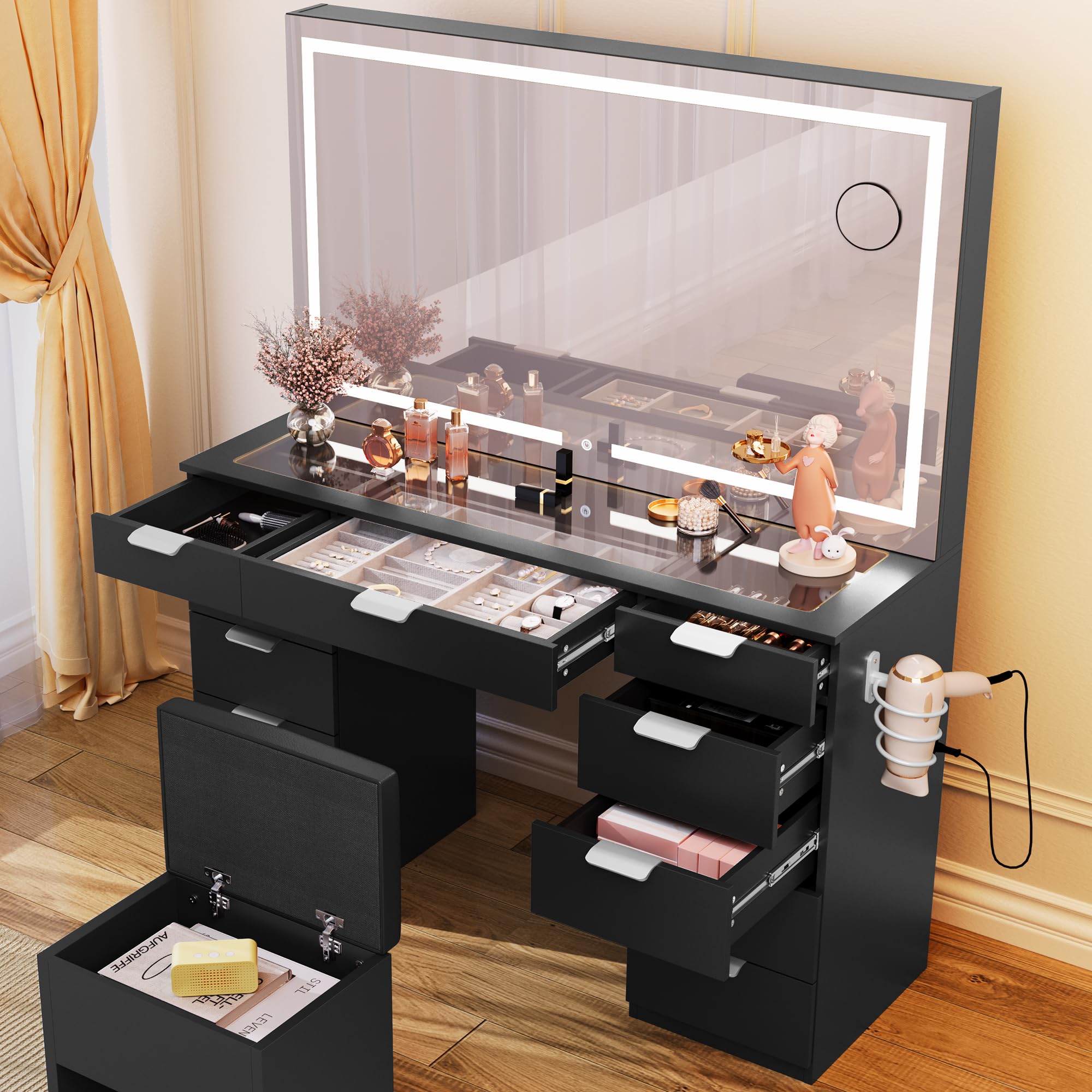 DWVO Wooden Makeup Vanity Set with LED Mirror, Charging Station, and 11 Drawers, Modern Makeup Desk with Glass Top, Storage Stool, and 3 Adjustable Lighting Modes