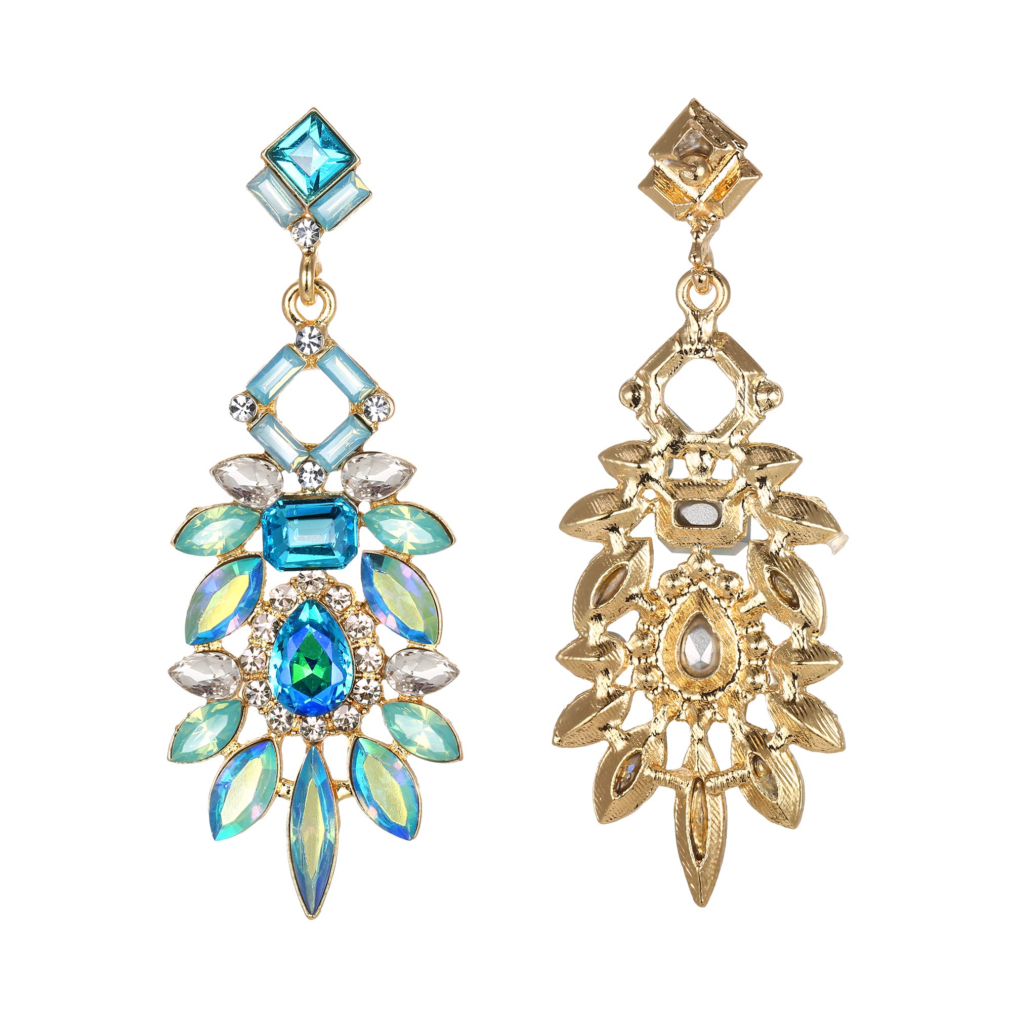 BriLove Art Deco Rhinestone Marquise Emerald Cut Rectangle Geometric Statement Earrings for Women Iridescent Blue Gold-tone