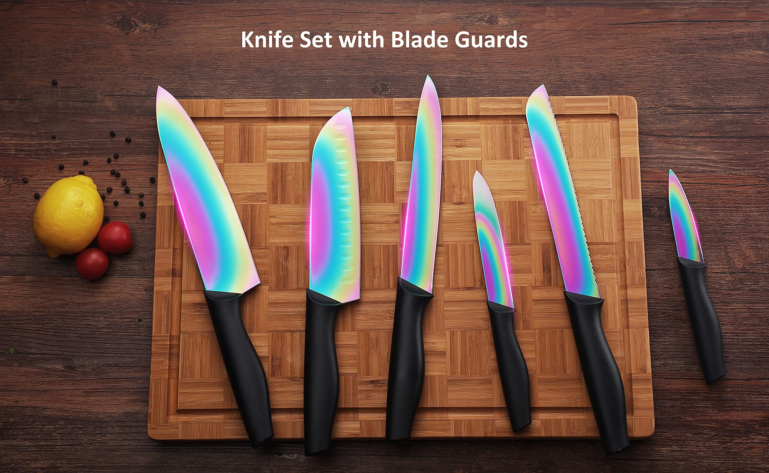 KYA36 Rainbow Titanium 12-Piece Stainless Steel Kitchen Knives Set with Sheath + Marco Almond KYA47 Rainbow Titanium Serrated Stainless Steel Steak Knives Set of 8
