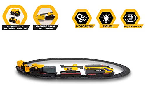 CAT Construction Toys, Little Machines Power Tracks Battery Operated Train Set, Engine with working headlight, 3 Rail Cars, Working Crane, 2 Magnetic Cargo Containers, and 2 CAT Trucks for Kids