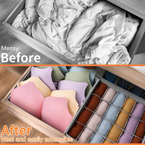Sock Underwear Drawer Organizer Dividers 44 Cell, 4 Pack Underwear Drawer Organizers for Large Bras, Foldable Closet Organizers and Storage for Clothing, Socks, Underwear, Ties (Gray)