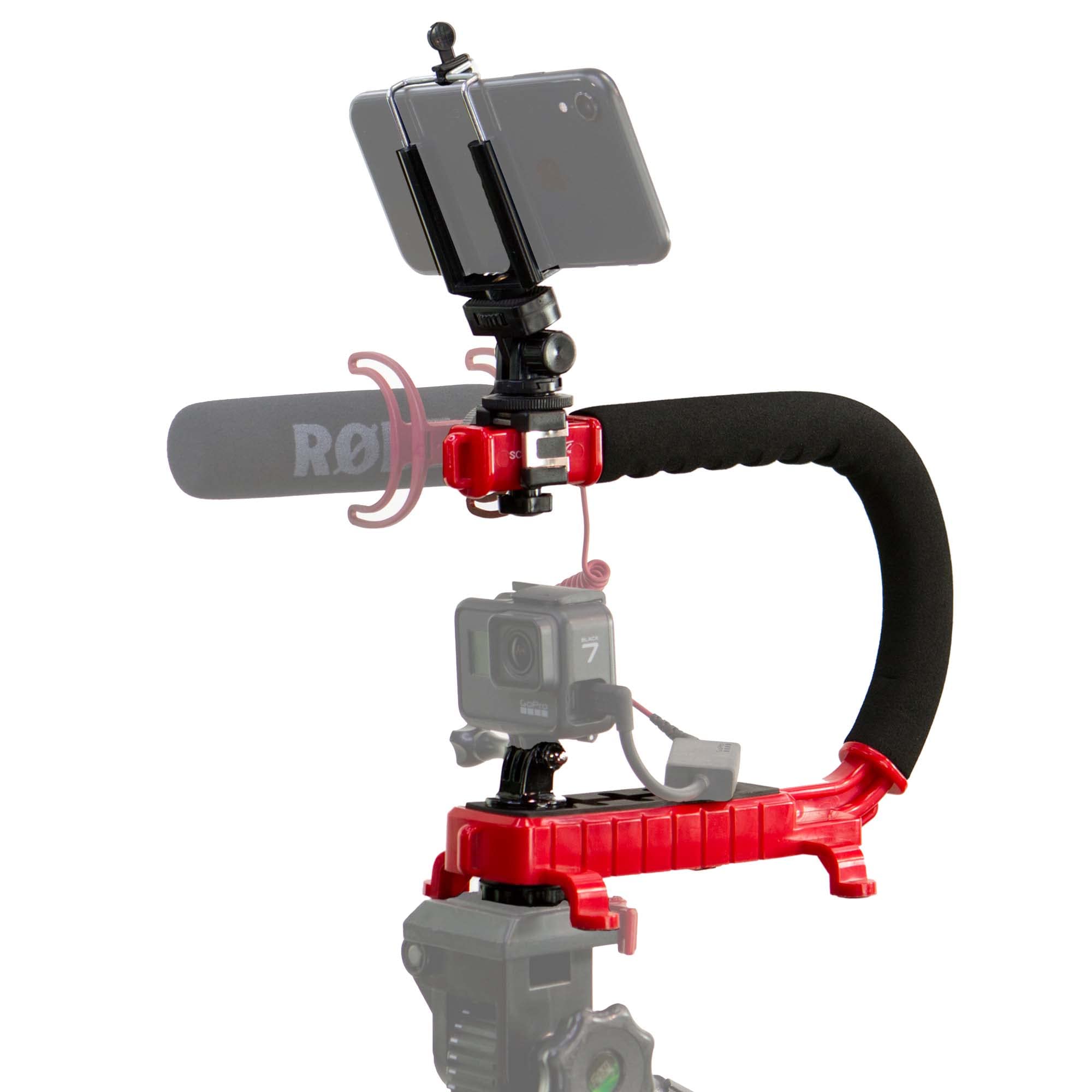 CAM CADDIE U-Grip Pro Handheld Video Rig Steadicam with Triple Cold Shoe, Stabilizing Handle Grip Compatible for iPhone 12 11 Pro Max Xs 8 7 plus GoPro Canon Nikon Sony DSLR Cameras Red Action Edition