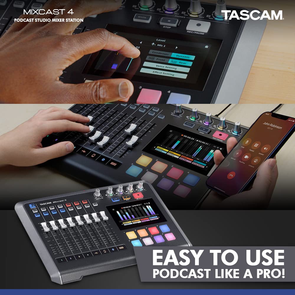 Tascam Mixcast 4 S Podcast Studio Mixer Station with Built-in Recorder/USB Audio Interface, 8 Sound-effect, Records 14 Tracks, comes w/ Deluxe 4S Accessories Bundle