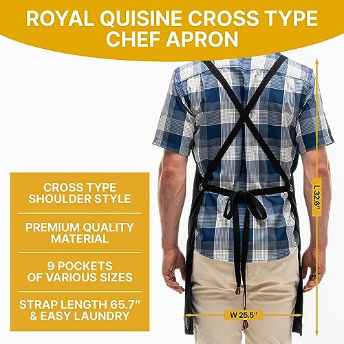 Royal Quisine Chef Apron β Cotton Aprons for Men and Women β Professional Cooking Apron for BBQ, Barista, Chef, Gardener β Comfortable Waist Apron with X-Shaped Straps β Korean Embroidery