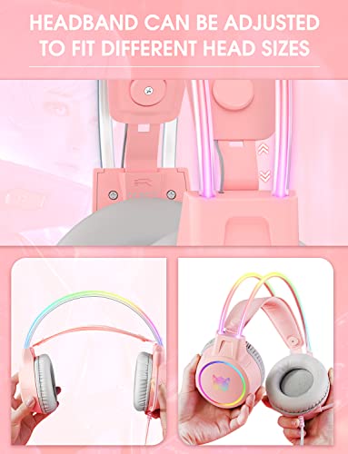 SIMGAL Gaming Headset with Mic, 3.5mm Lightweight Headphones with RGB Aluminum Frame, Surround Sound, Compatible with PS4 PS5 Xbox One(Adapter Not Included) PC Mobile Phone (Pink Without Antler)