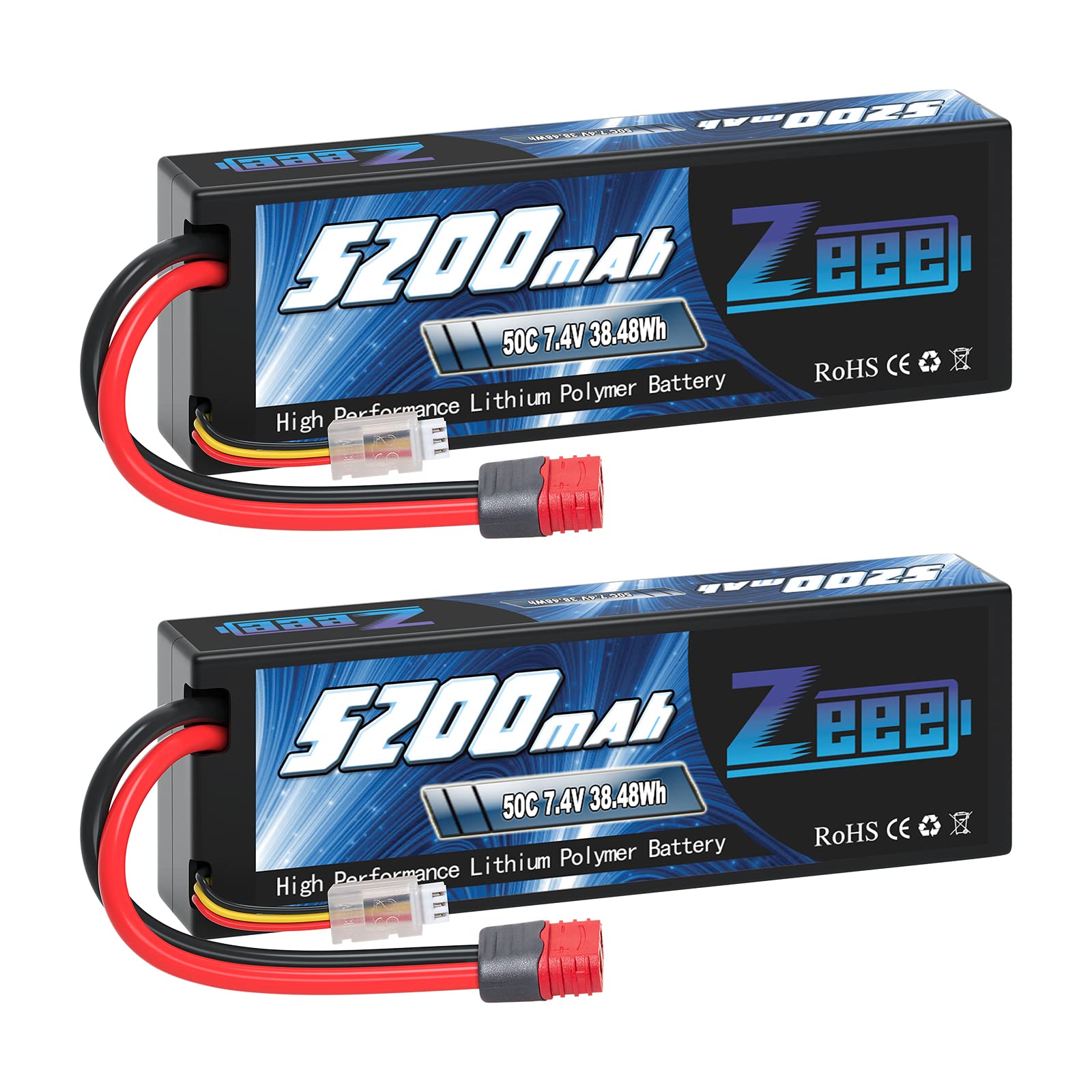 Zeee 2S Lipo Battery 5200mAh 7.4V 50C Deans T Plug with Housing Hard Case Battery for 1/8 1/10 RC Vehicles Car Slash RC Buggy Truggy RC Truck Racing Hobby(2 Pack)