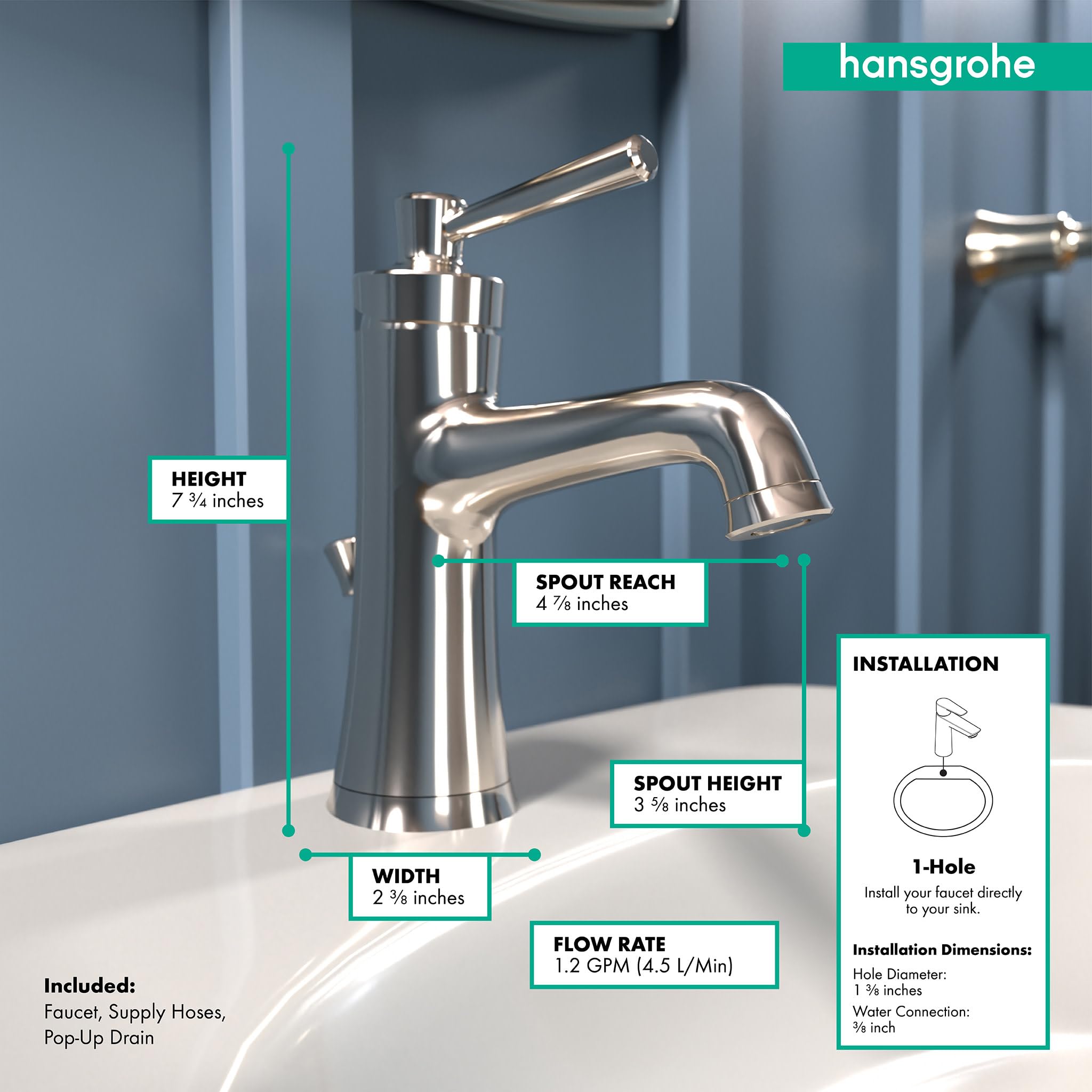 hansgrohe Joleena Transitional 1-Handle 1 8-inch Tall Bathroom Sink Faucet in Polished Nickel, 04771830