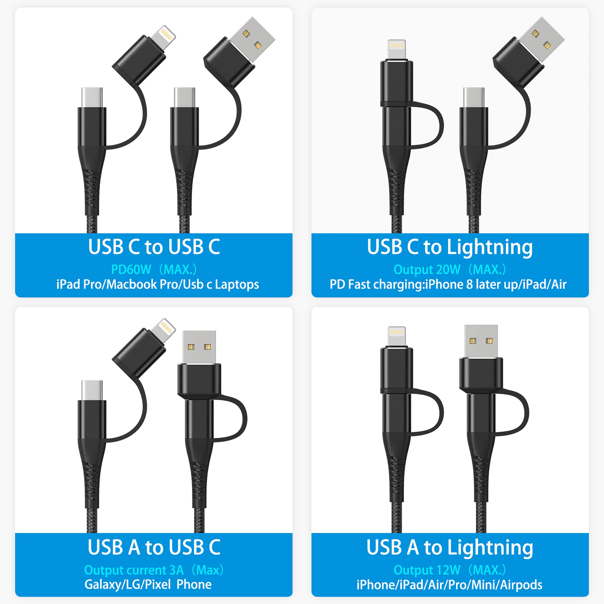 iPhone 15 Charging Cable 10ft 2Pack,USB C to USB C 60W 4-in-1 Fast Charger Cord for iPhone 15/14/13/12,for iPad Pro/Mini/Air,MacBook Pro,Samsung Galaxy(Black)