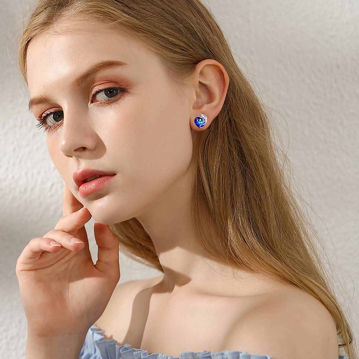 Cat Earrings Sterling Silver Cute Cat Studs Earrings with Ocean Blue Heart Crystals from Austria, Cat Jewelry Gifts for Women Cat Lover