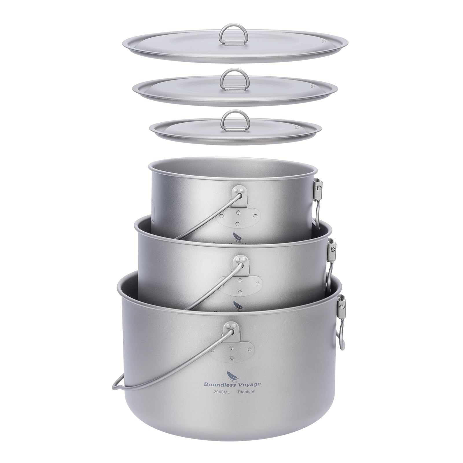 Boundless Voyage Titanium Hanging Pot for Outdoor Camping Backpacking Hiking Ultralight Portable Cooking Pot Camp Kitchen Cookware 1300ML/1950ML/2900ML (3 Pcs Set)