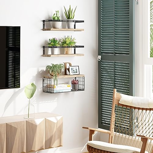 Fixwal 3+1 Tier Wall Mounted Floating Shelves with Metal Frame, Rustic Wood Bathroom Shelves Over Toilet with Wire Storage Basket and Towel Bar for Bathroom, Kitchen, Bedroom (Rustic Brown)- New