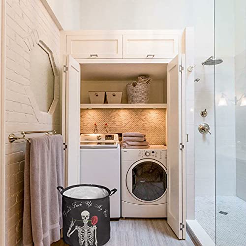 Laundry Hamper Foldable Laundry Basket, Red Roses Skeleton Waterproof Clothes Hamper for Bathroom Bedroom Living Room, Rustic Skull Victory Gesture Toy Baskets for Dollhouse 16.5"x17"