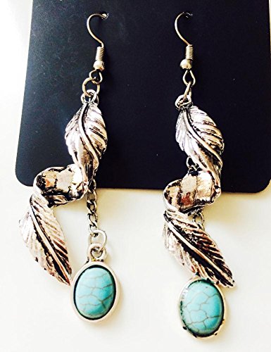CAFUDEYE Women Bohemian Tribal Antique Silver Leave Dangle Earrings Vintage Feather Turquoise Bead Drop Earrings Nickel Free