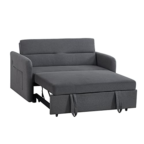 FIQHOME 55.5" USB Ports and Side Pockets,3 in 1 Multi-Functional Convertible Sleeper 2 Lumbar Pillows,Loveseat Sofa with Pull Out Bed,for Living Room, Apartment(Grey)