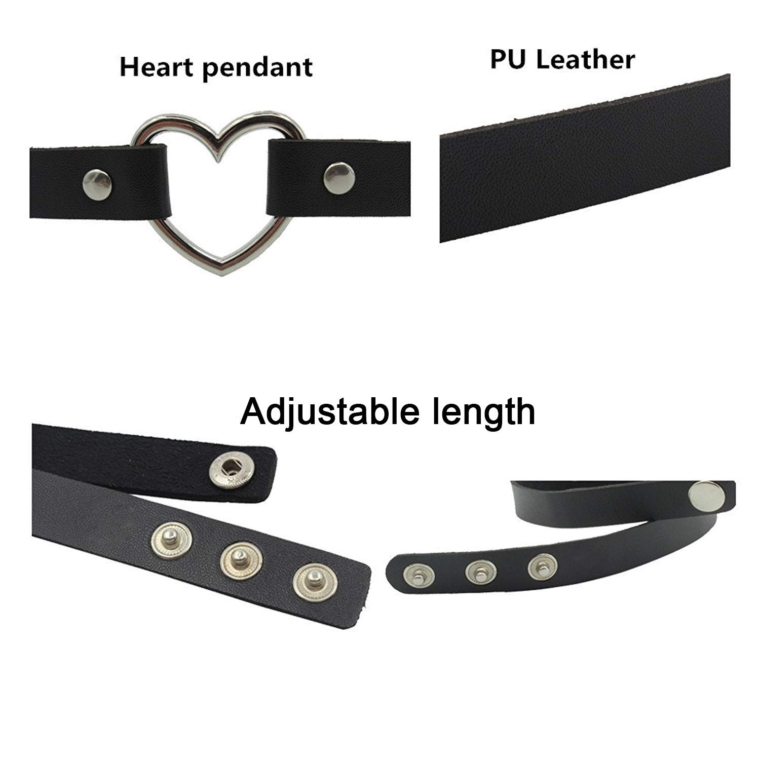 calary PU Leather Goth O ring and Love Heart Collar Chain for Women Girl (5 Set L Multied 5)