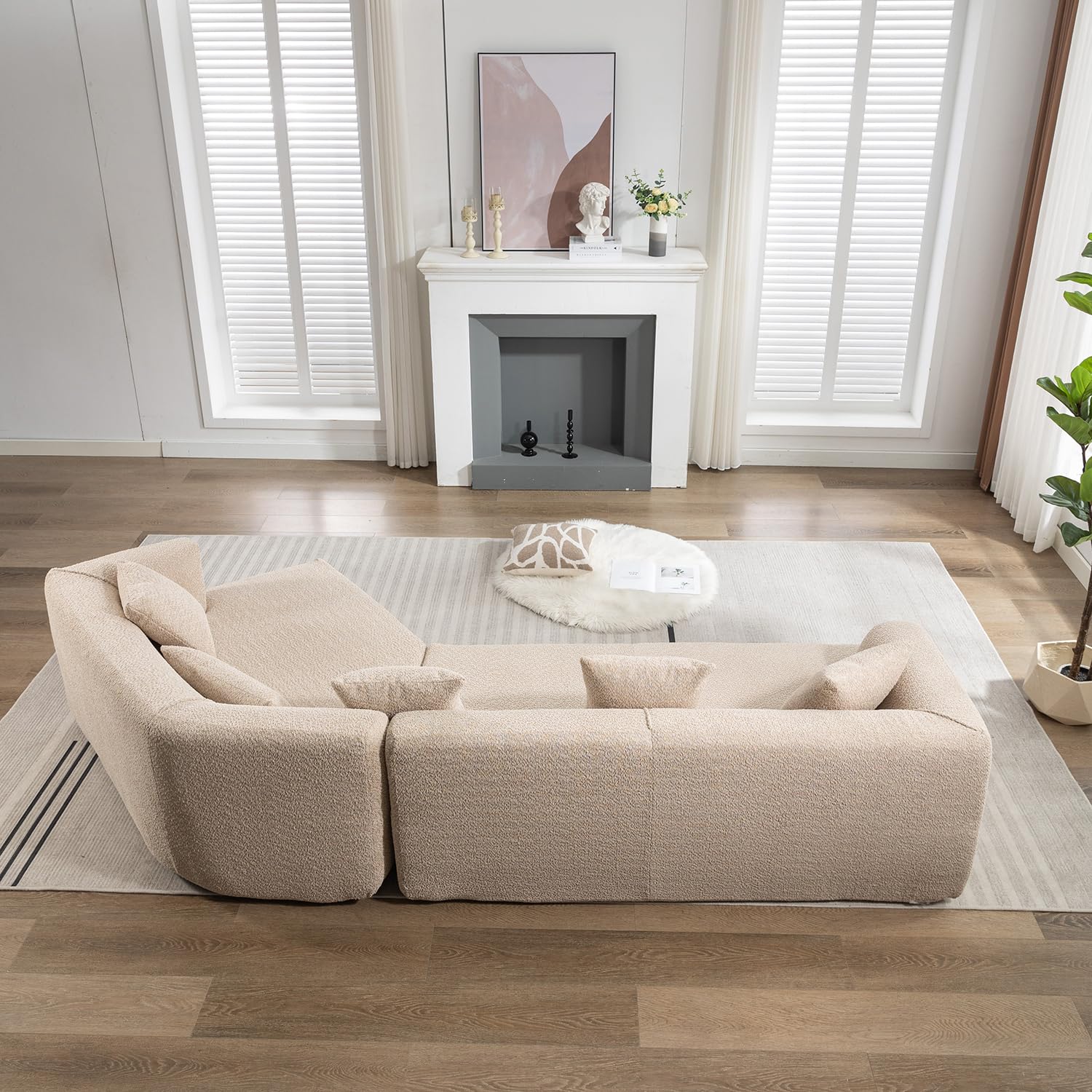 HanStrong Modular Sectional Sofa Curved Sponge Couch Modern Minimalist Upholstered Sleeper Sofa, 2pcs Free Combination Anti-Wrinkle Boucle Fabric Sofa for Living Room Apartment, Light Brown