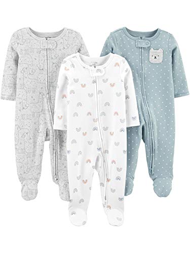 Simple Joys by Carter's Unisex Babies' Cotton Footed Sleep and Play, Pack of 3, Llama/Rainbow/Bear, 0-3 Months